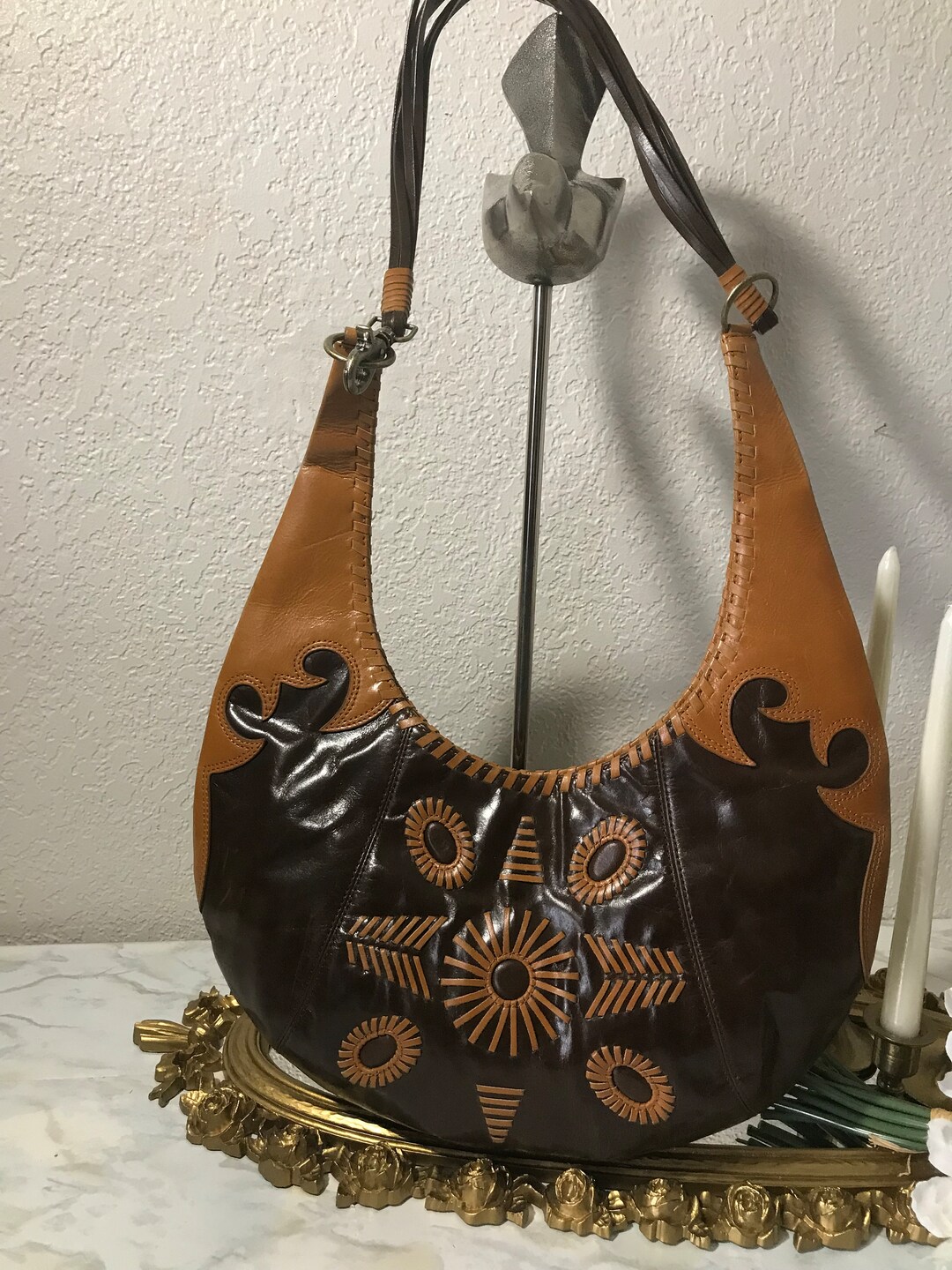 Vintage 90s Boho Style Leather Two Toned Western Look Purse Handbag ...
