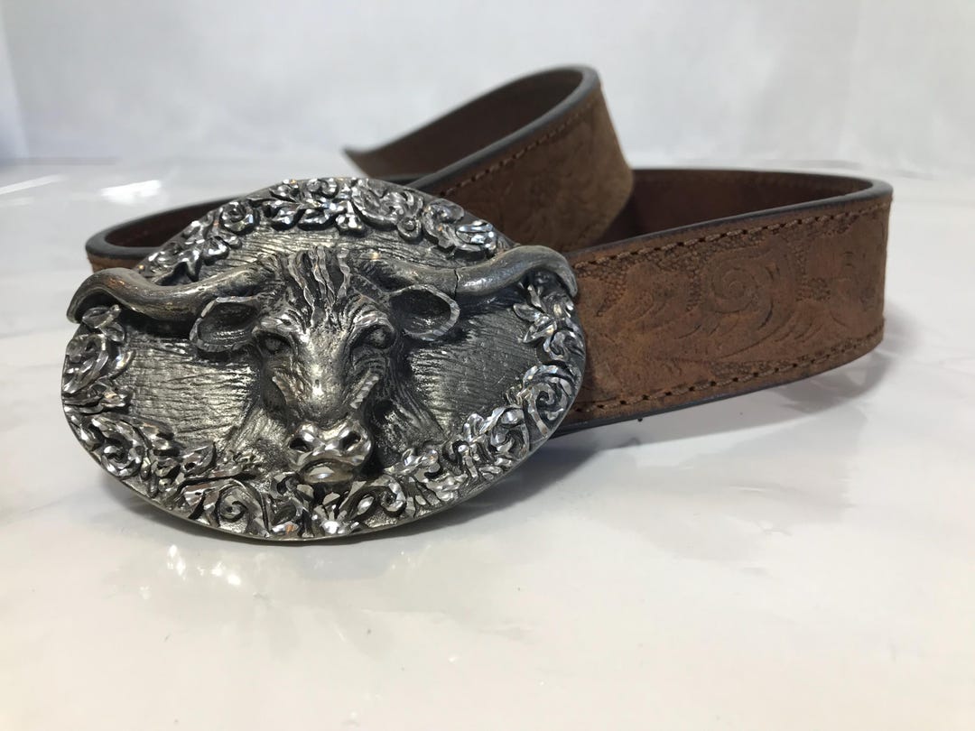 Vintage EGE Tooled Leather Belt With Pewter Bull Buckle, Size S/M ...