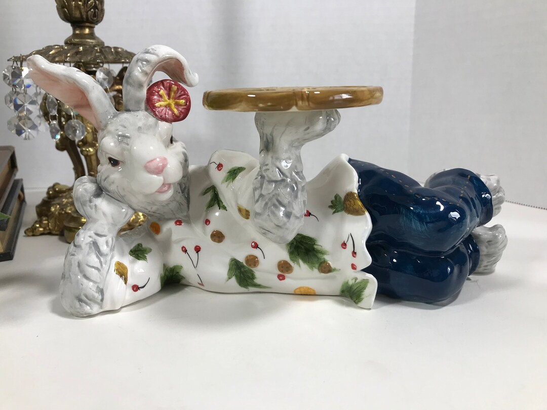 Vintage Ceramic Rabbit With Tray Figurine, Vtg Rabbit Candle Holder ...