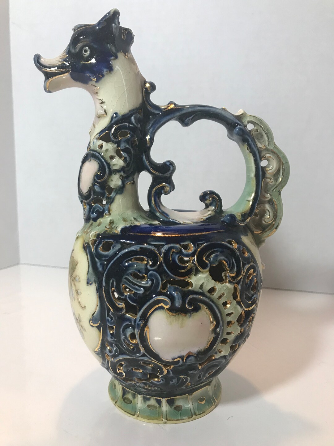 Antique Zsolnay Openwork Glazed Ceramic Figural Handled Pitcher, Form ...