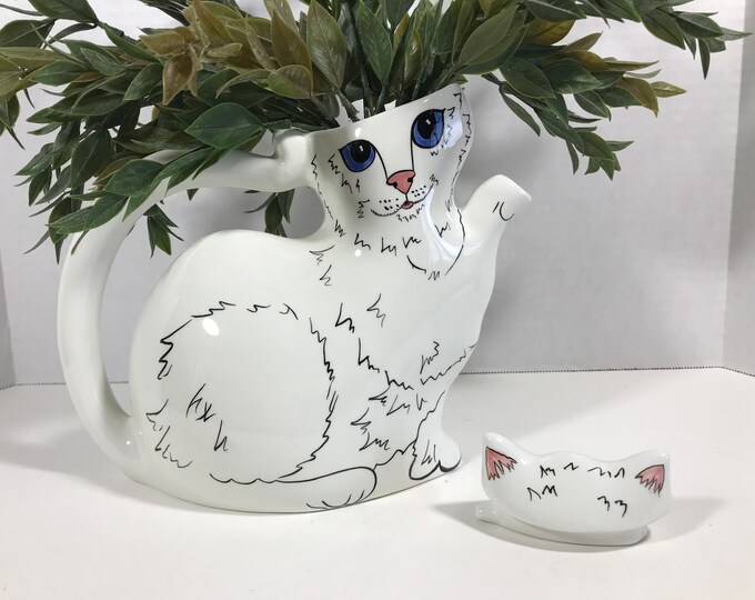 Nina Lyman Cat Pitcher, Nina Lyman Black and White Cat Teapot, Cats by Nina Ceramic Planter ...