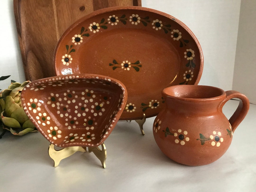 Vintage Mexican Hand Painted Ceramic Serving Dish Set, Vtg Terracotta ...