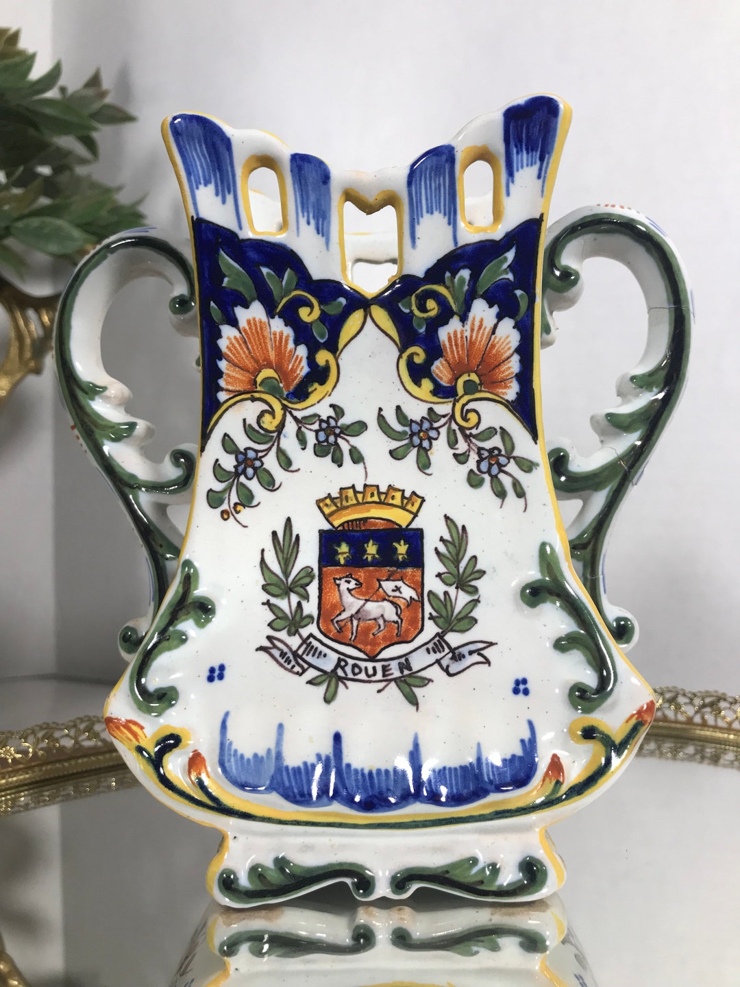 Vintage French Rouen Ceramic Bud Vase, Vintage Rouen Blue and White Small Handled Vase, Blue ...