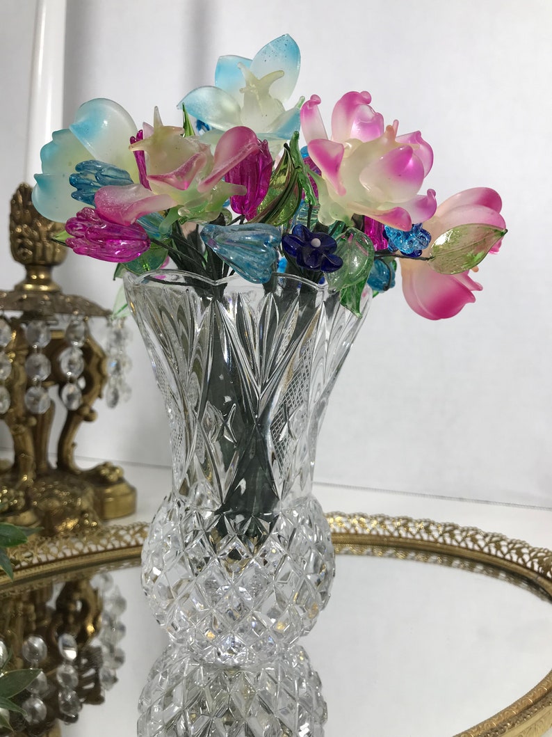 Vintage Glass Flowers in Crystal Vase, Elegant Crystal Vase Filled With ...