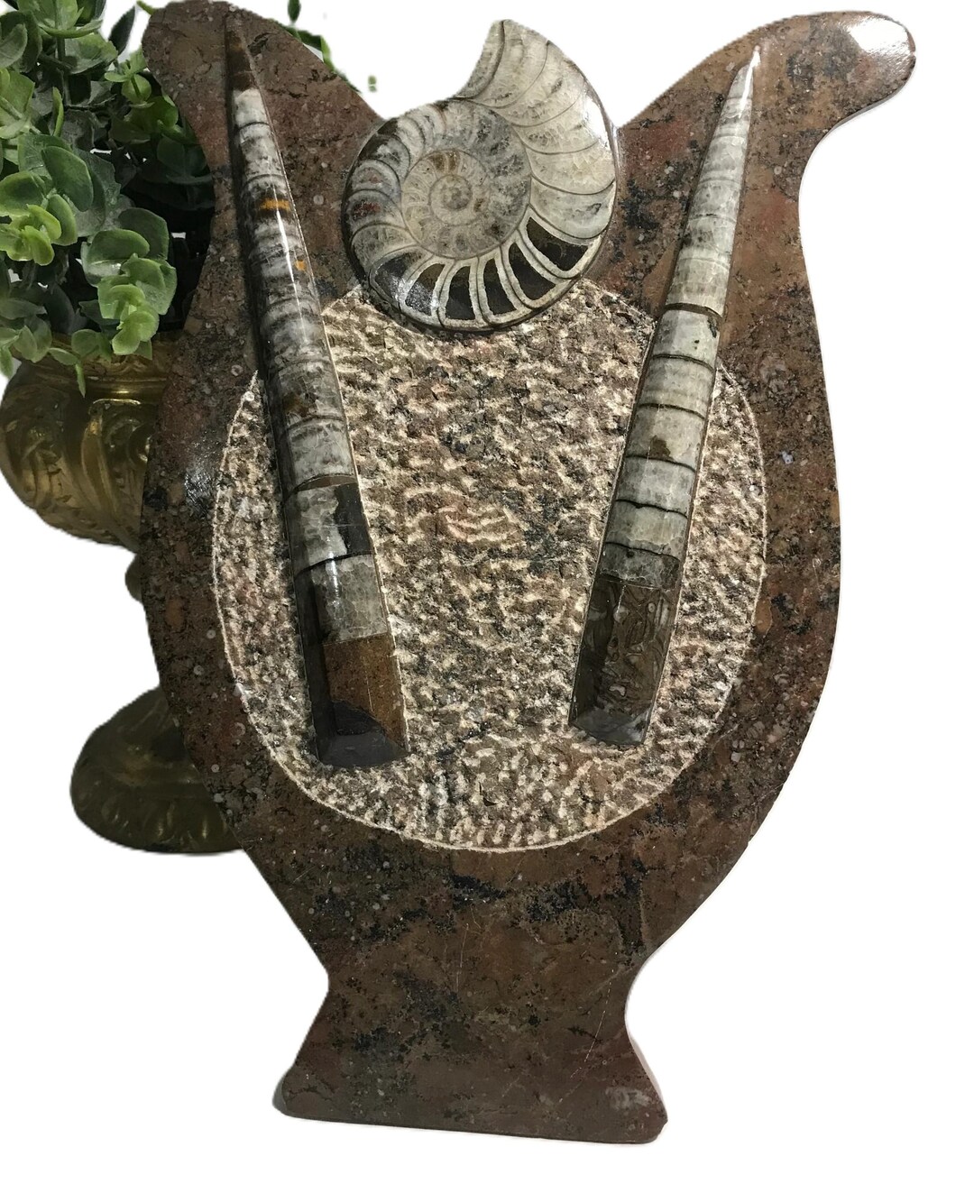 Vintage Orthoceras and Ammonite Fossil Stone Sculpture, Hand Carved ...