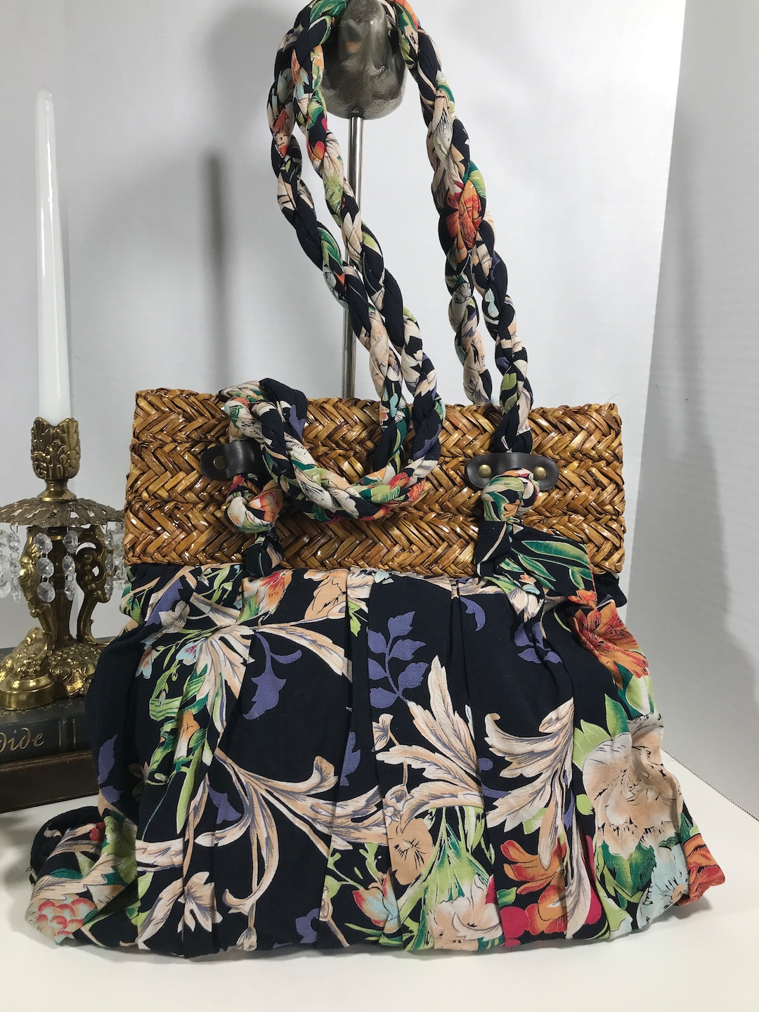 Vintage Sea Grass Floral Purse, Raffia Sea Grass and Floral Fabric Tote ...