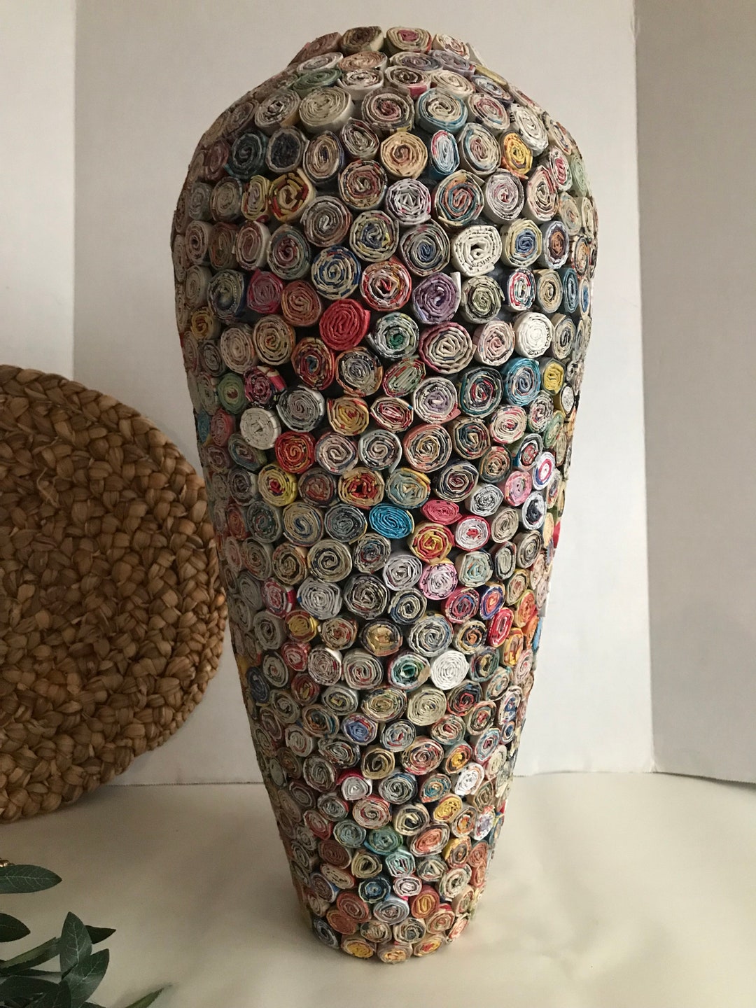Vintage Handmade Unique Large 21" Vase, Tramp Art Style Folded Paper ...