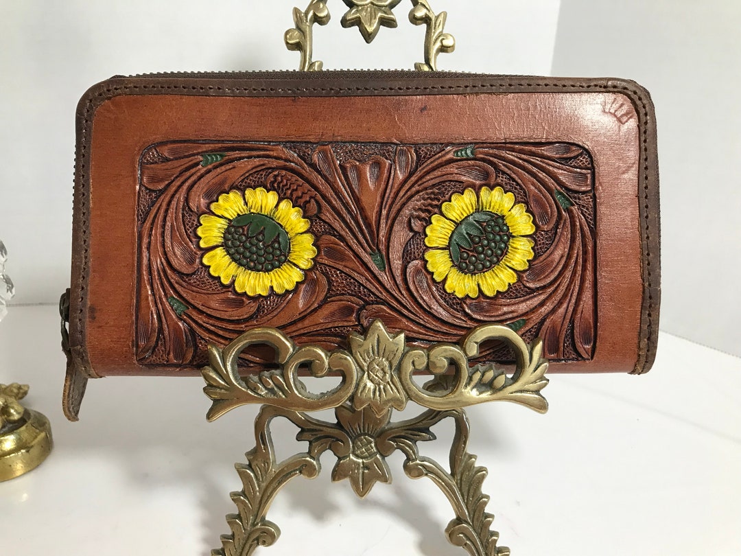 Vintage Tooled Leather Wallet, Mexico Style Tooled Leather Hand Painted ...