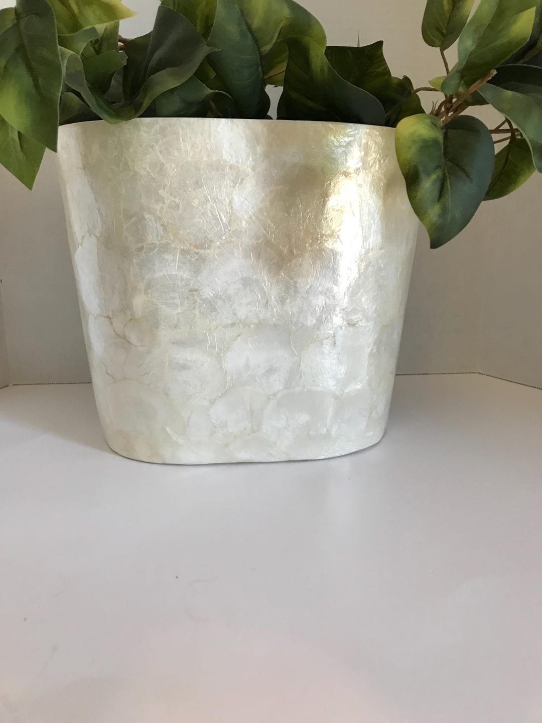Vintage Capiz Shell Waste Basket, Planter, Storage, Pearlized Capiz ...