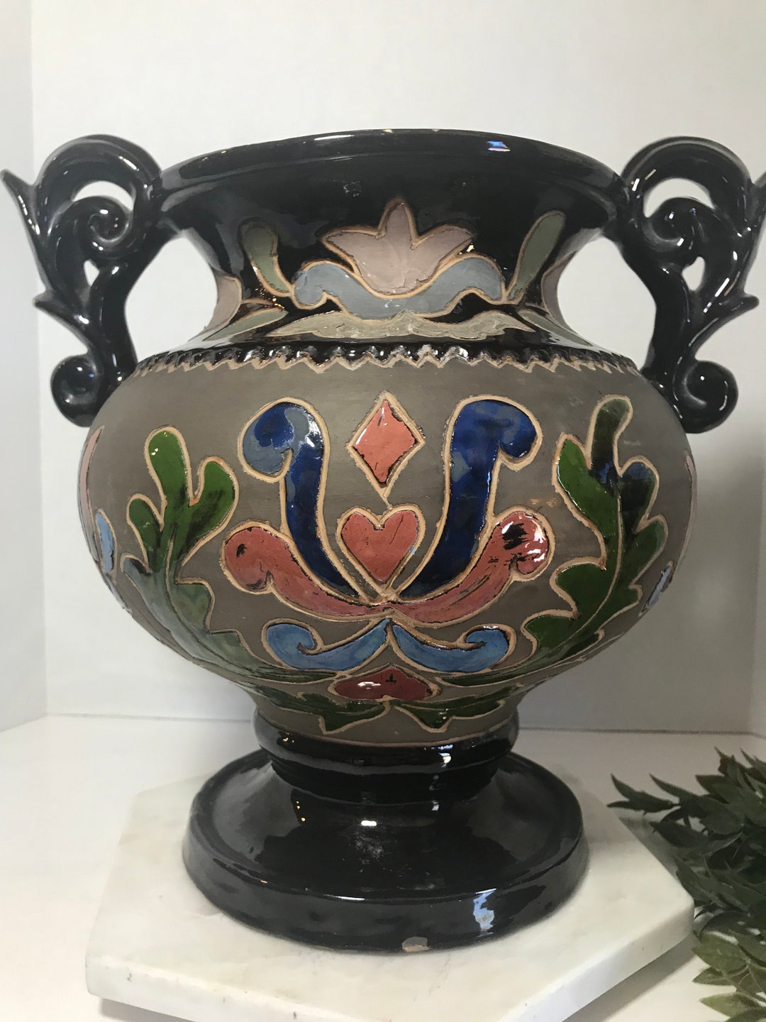 Vintage Ceramic Urn Style Vase With Handpainted Design, Vintage Pottery ...