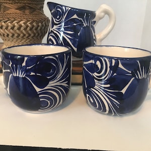 Vintage Anfora Pottery Coffee Cups and Creamer Blue and White Design ...