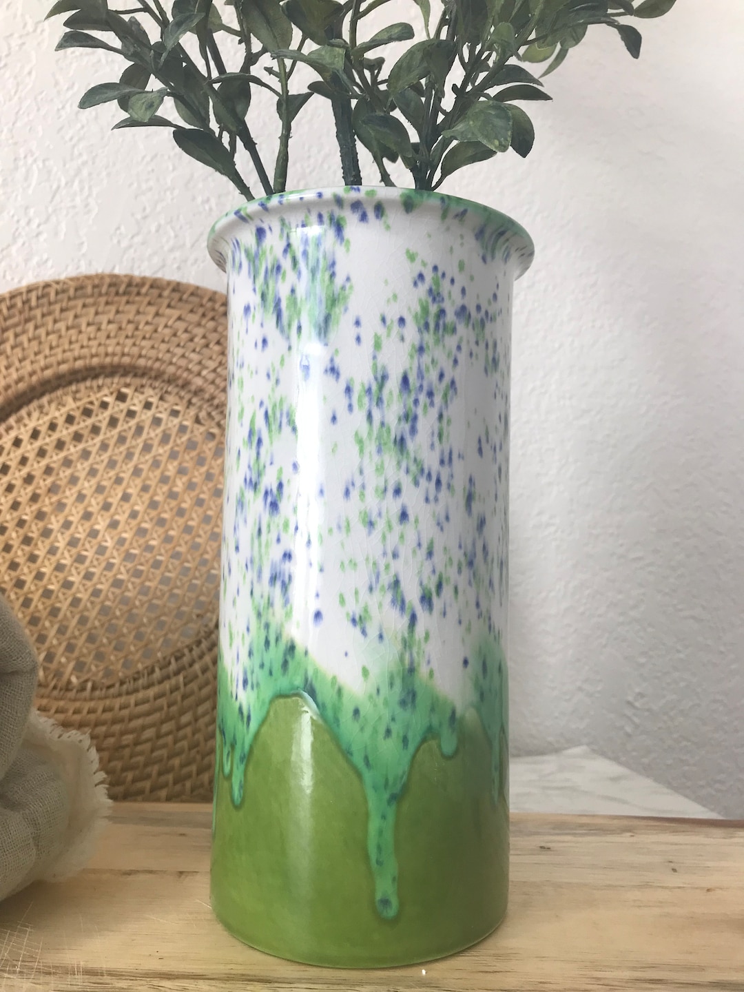 Vintage Large Green Speckled Cylinder Shaped Studio Pottery Vase Signed ...