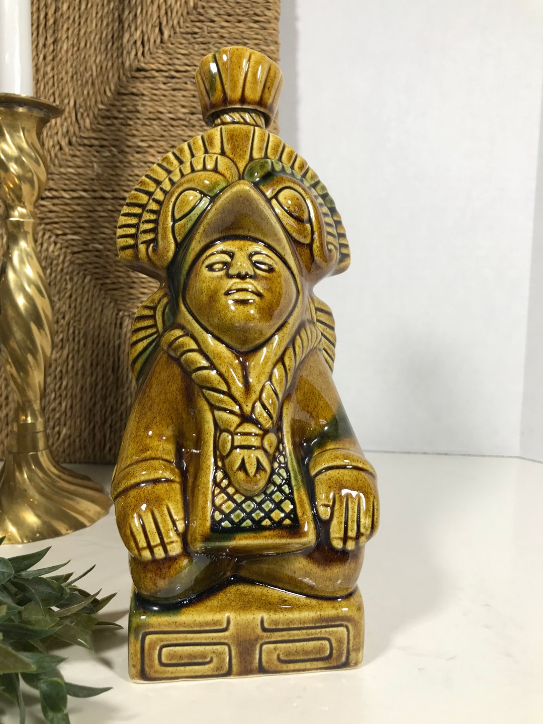 Vintage Ceramic Figural Liquor Bottle, Vtg Green Ceramic Aztec Whiskey ...