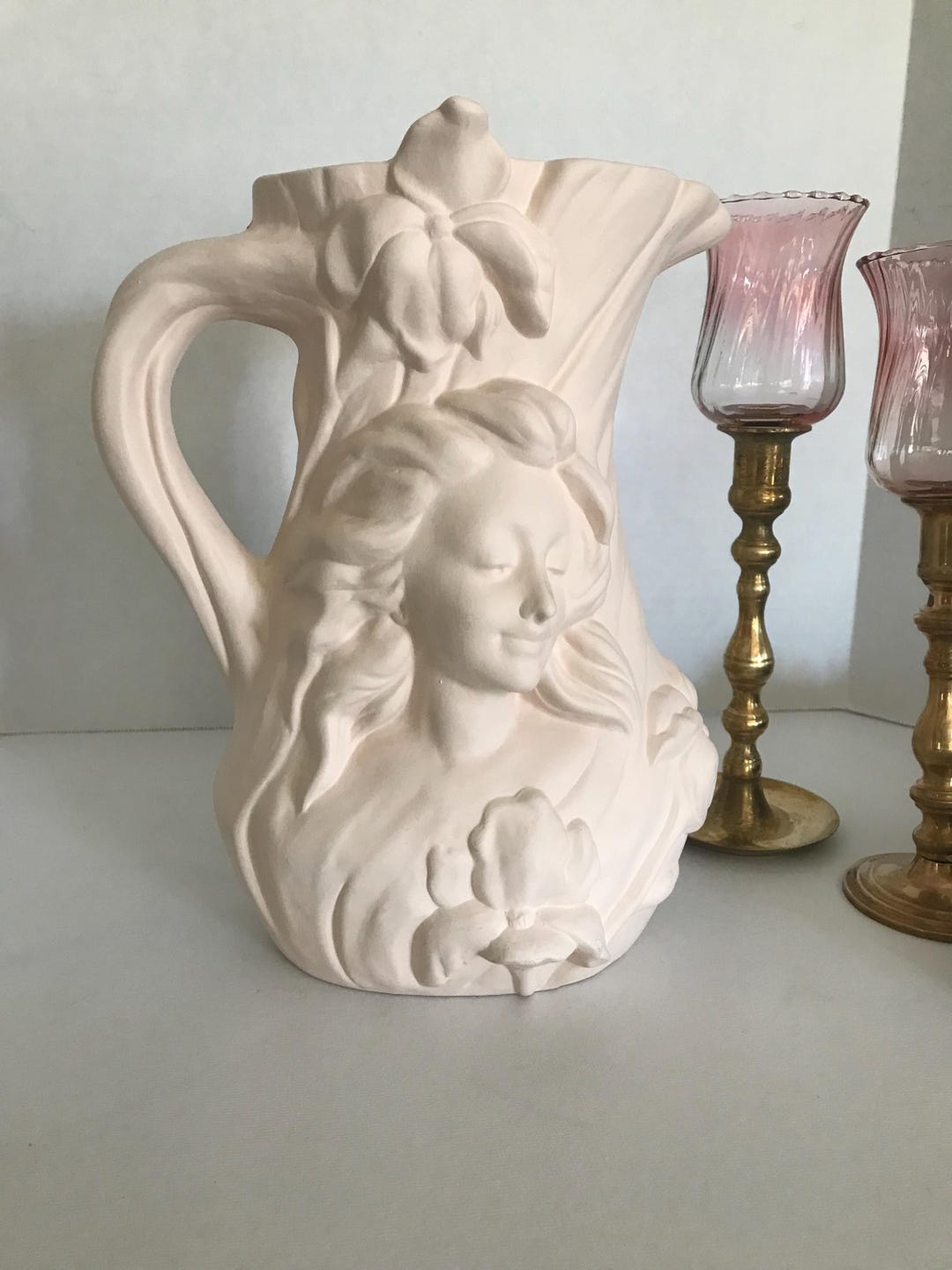 Vintage Pink Chalkware Ceramic Pitcher, Art Nouveau Style Ceramic ...