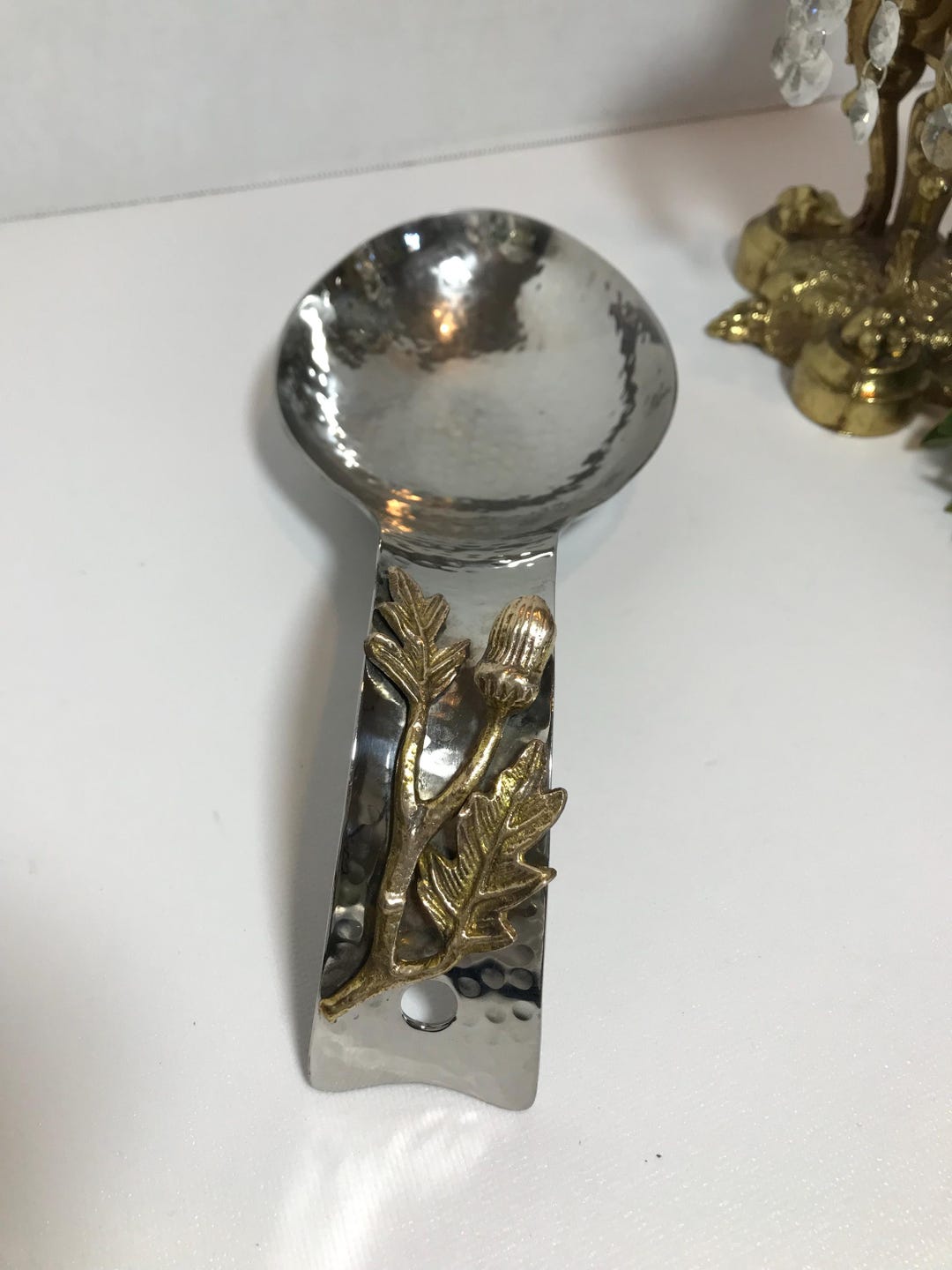 Aluminum Hammered Metal Spoon Rest With Brass Leaf Detail, Silver Toned ...