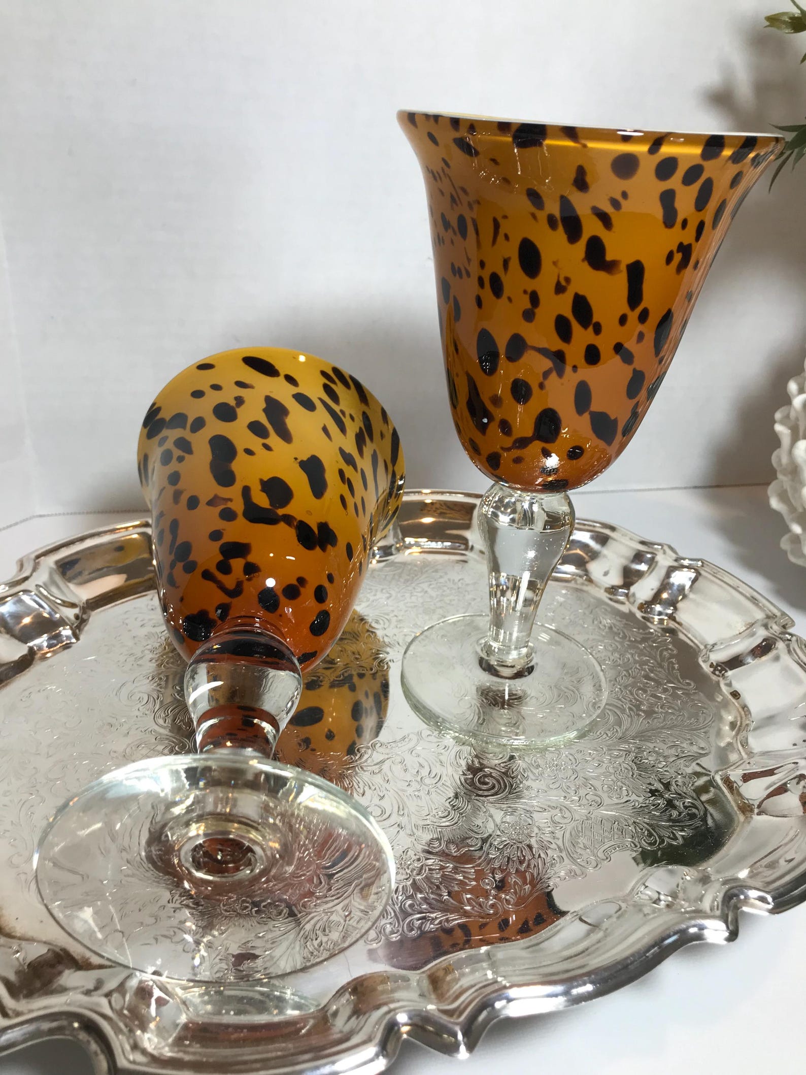 Vintage Leopard Print Wine Goblets | Amber & Black Blown Glass Stemware ...