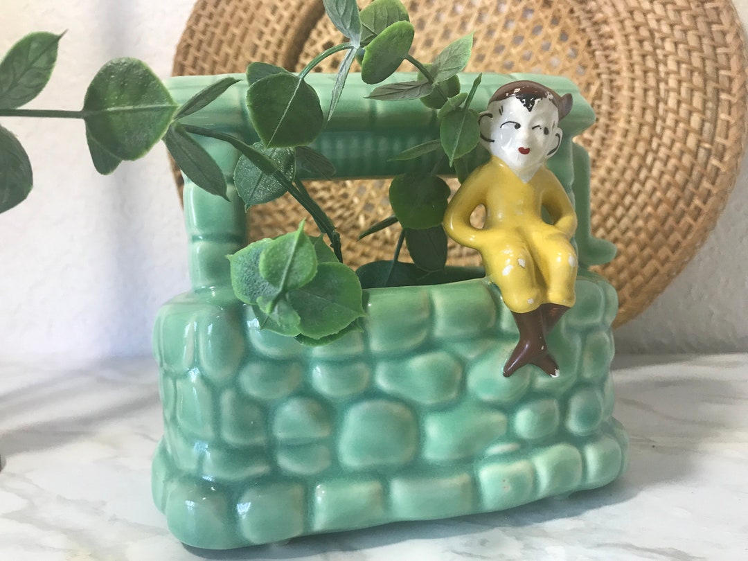 Vintage 1940s Pottery Ceramic Elf Green Wall Planter, Vintage 1940s Fun ...