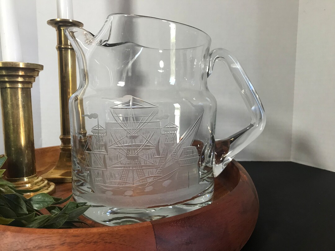 Vintage Etched Hand-blown Glass Pitcher, Vintage Etched Sailing Boat ...
