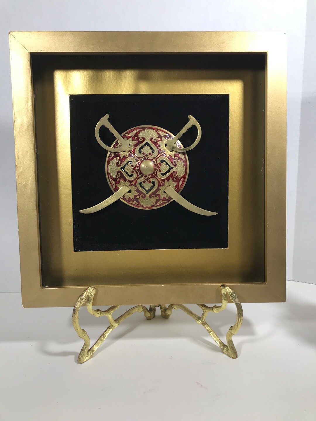 Vintage Brass and Enamel Shield and Sword Framed Art, 3D Unique Framed ...