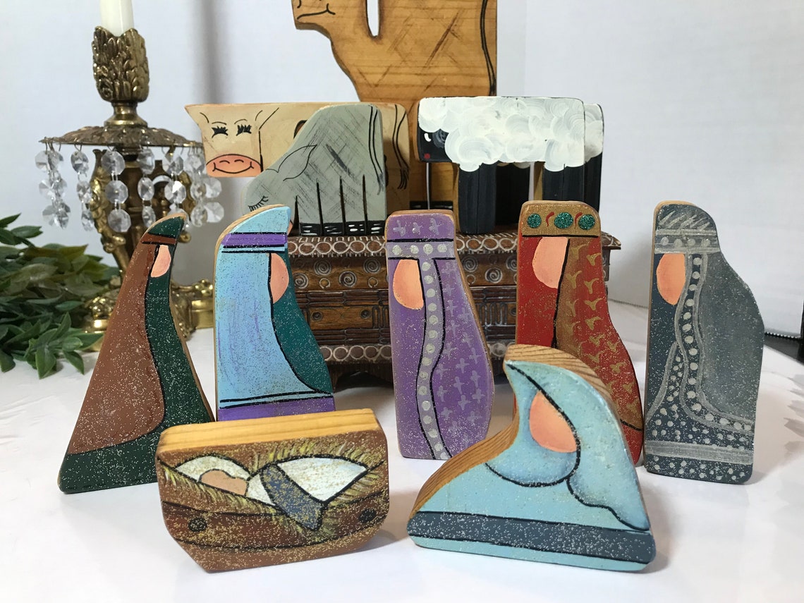 Vintage Wood Block Nativity Set, Vtg Hand Painted Block Style Nativity ...