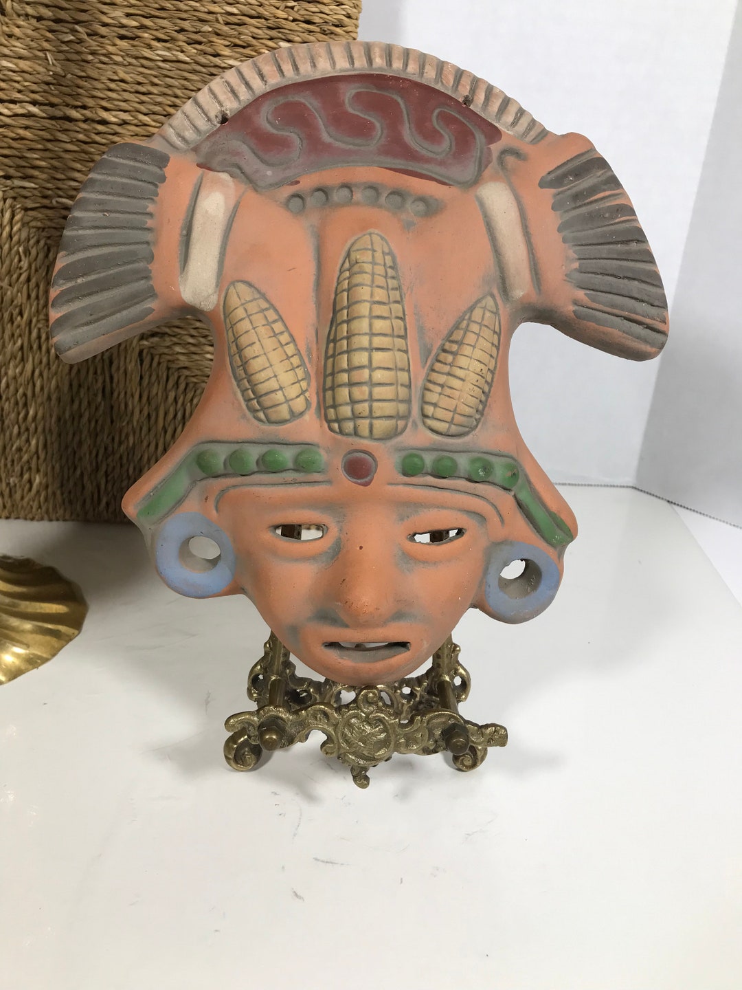 Vintage Mayan Corn Goddess Mask, Vtg Terracotta Aztec Hand Painted ...