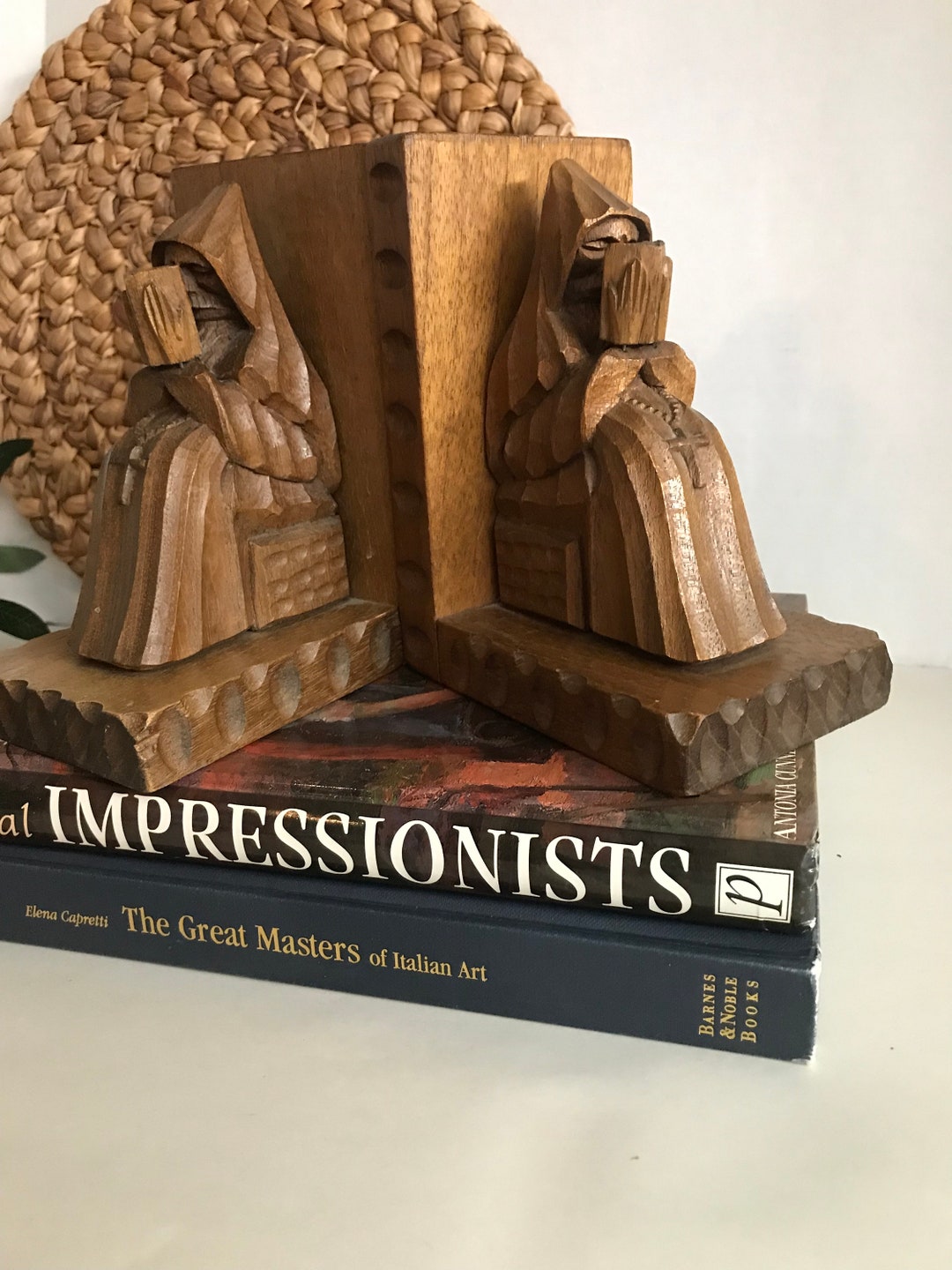 Vintage Wood Bookends, Vtg Wood Handcarved Monk Bookends, Vtg Handmade ...