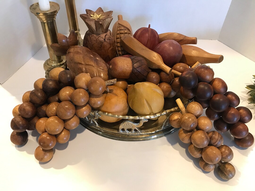 Vintage 60s Hand Carved Wooden Fruit, Vintage MCM Wood Decorative Fruit ...