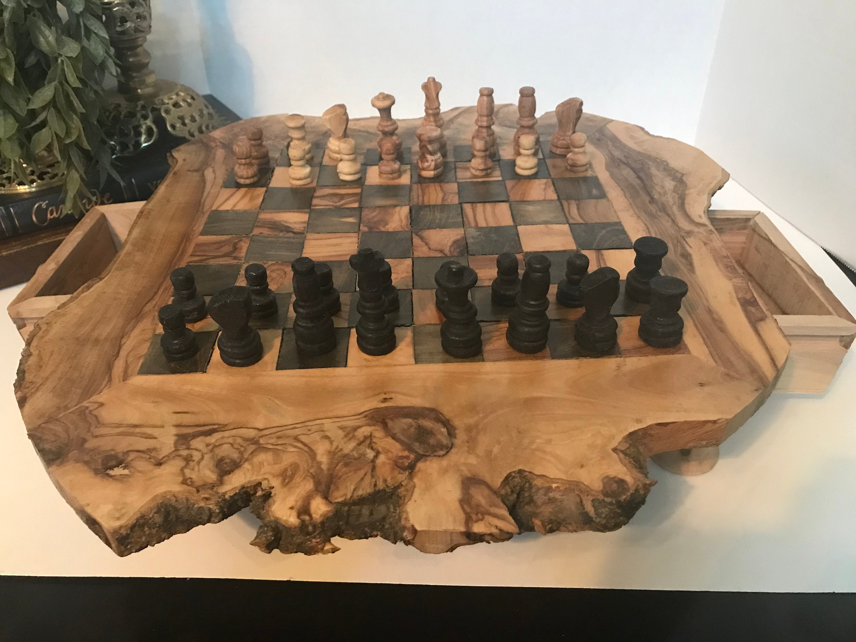 Wooden Handmade Chess Set, Raw Edge Wood Chess Set, Vintage Chess Set ...