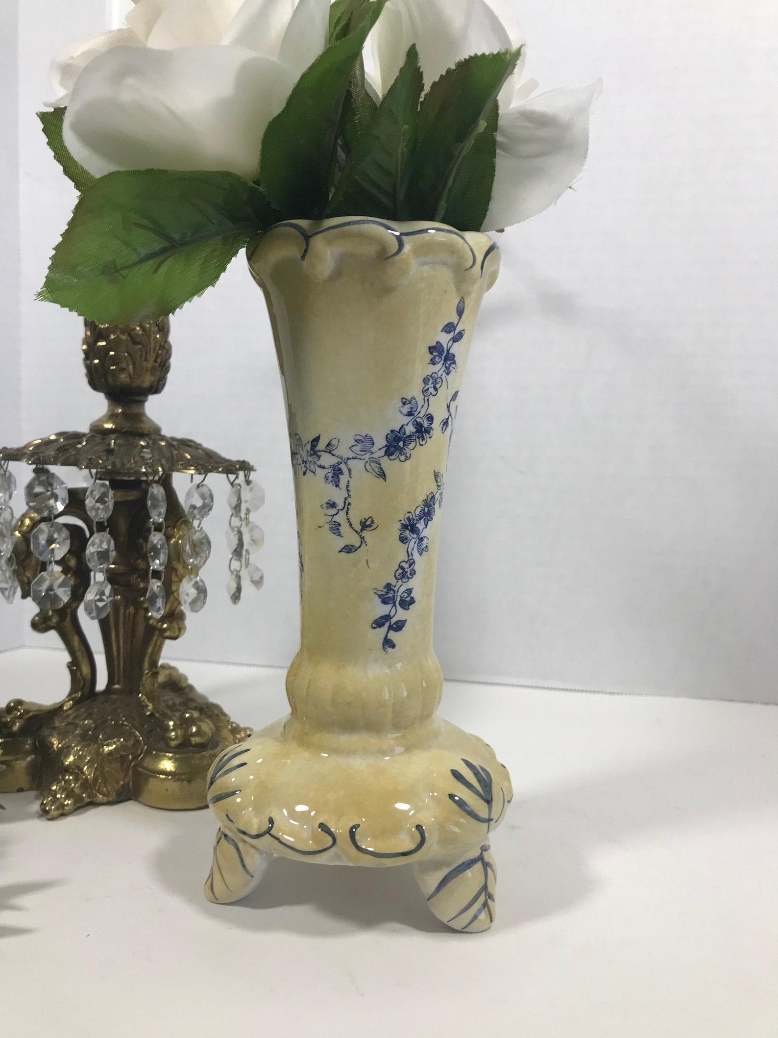 Vintage Pale Yellow and Blue Toile Style Ceramic Vase, 8", English ...