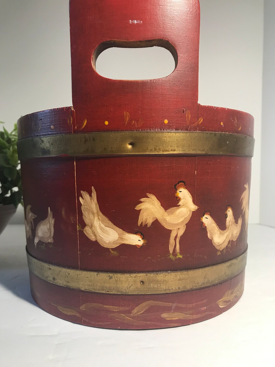 Vintage Basketville Vermont Hand Painted Red Wooden and Brass Bucket ...