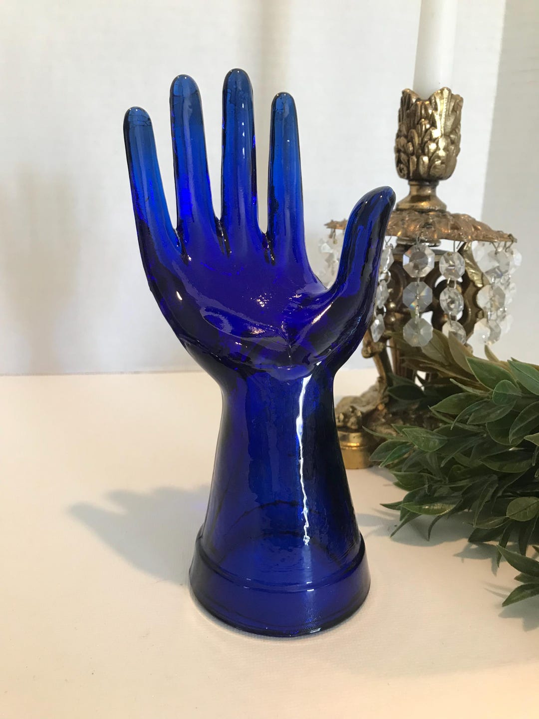Vintage Blue Glass Hand Statue, Blue Hand Statue, Vanity Decor Hand ...