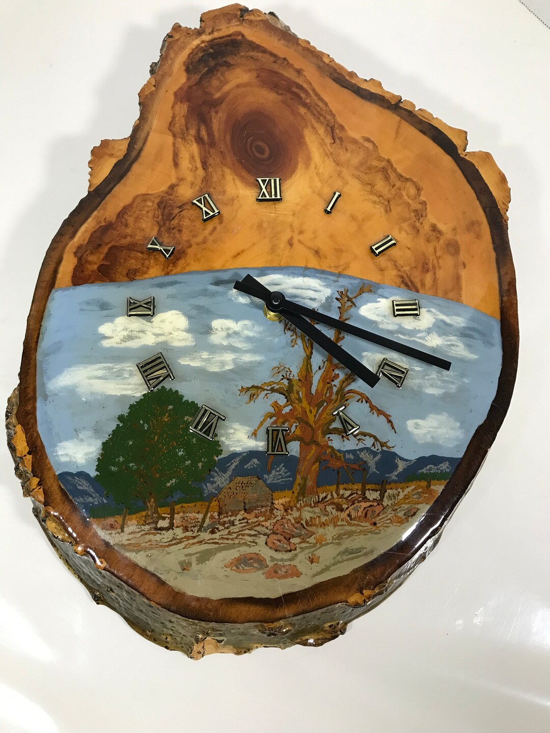 Vintage Handmade Wood Clock, Vintage Wood Slab Clock, Vintage 70s Hand ...