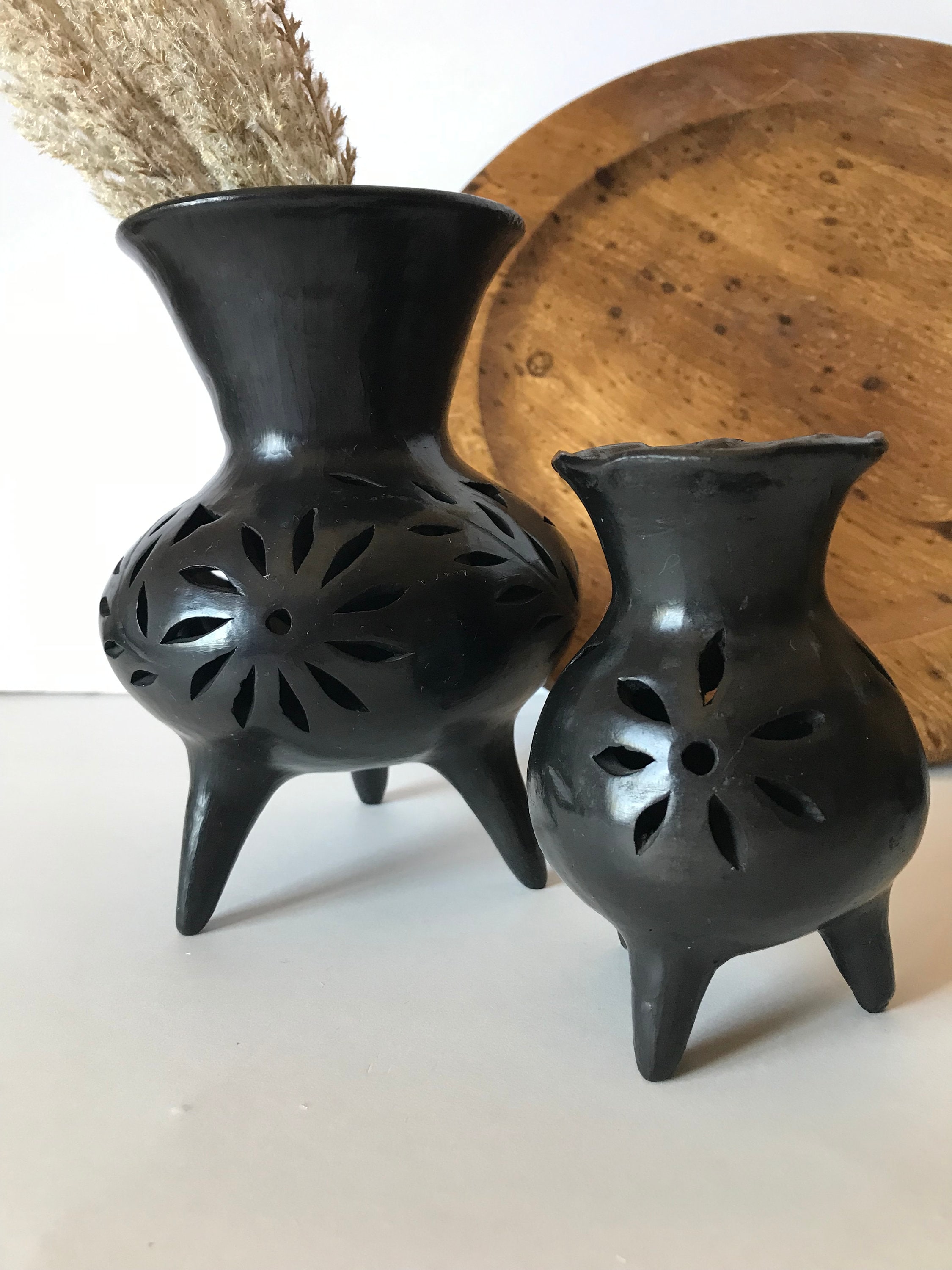 Vintage Black Vase, Footed Open Design Ceramic Vase Set, Vintage Black ...