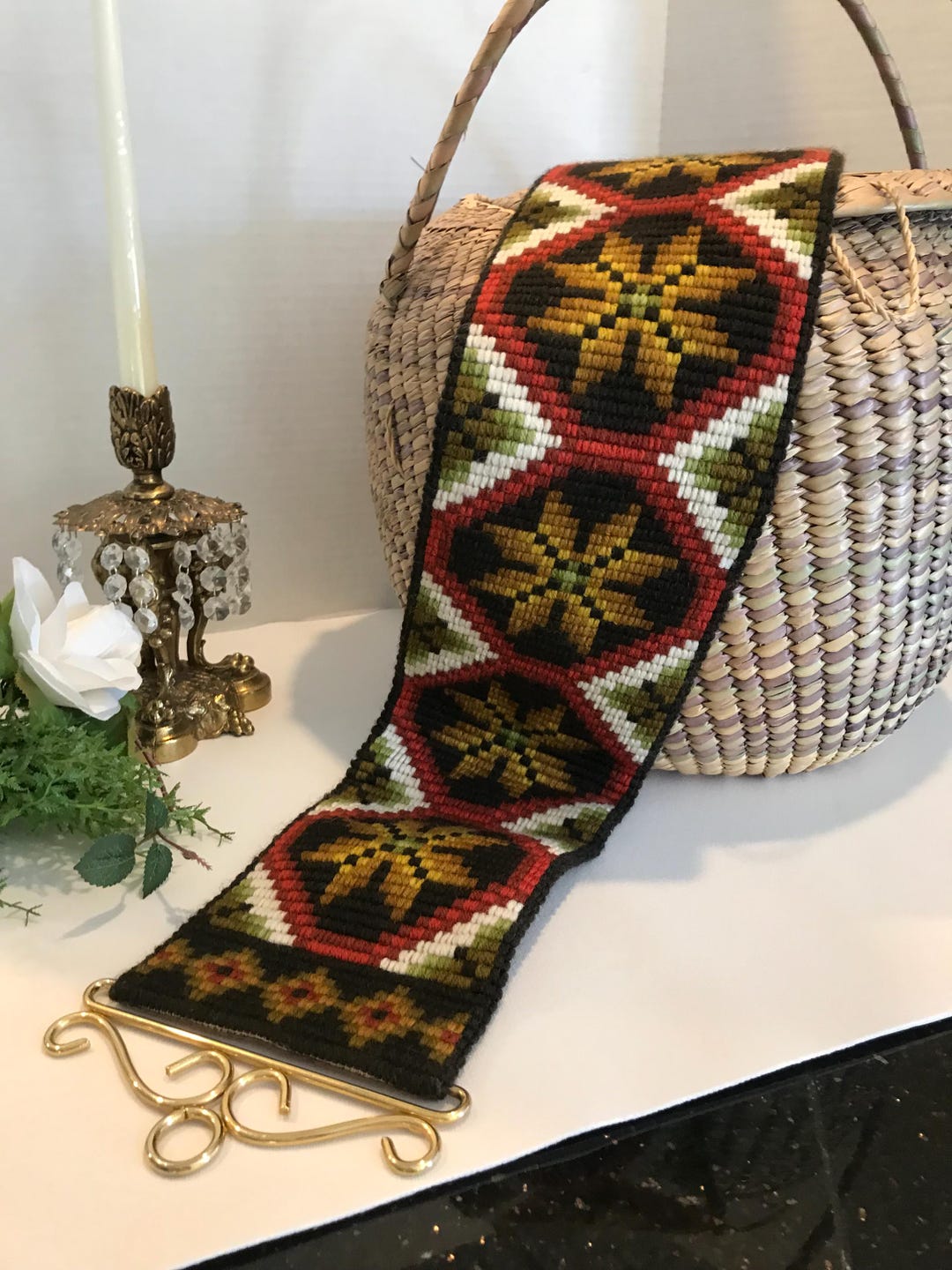 Vintage Needlepoint Handmade Bell Pull, Vtg Rustic Colorful Handmade ...