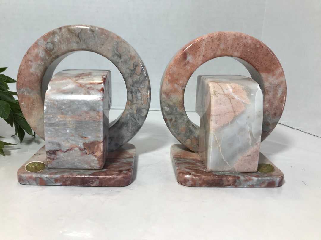 Vintage Marble Bookends, Vtg Art Deco Style Pink Grey Marble Bookends ...
