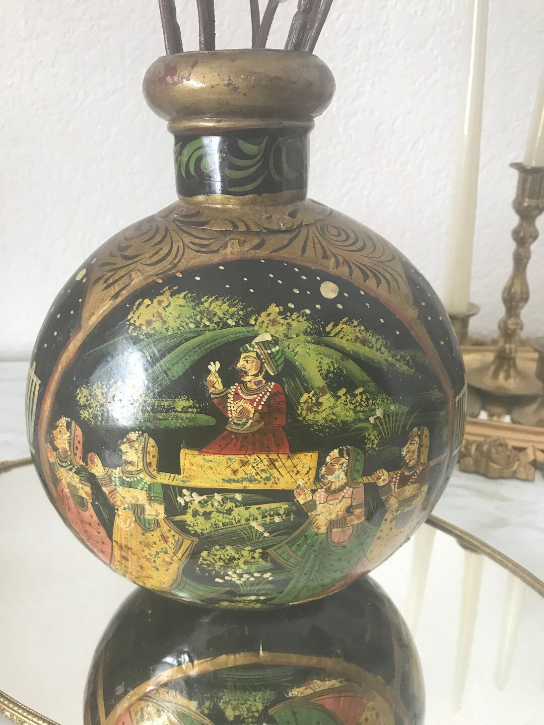Vintage Round Metal Vase, Vintage Metal Vase Hand Painted, Boho Metal ...