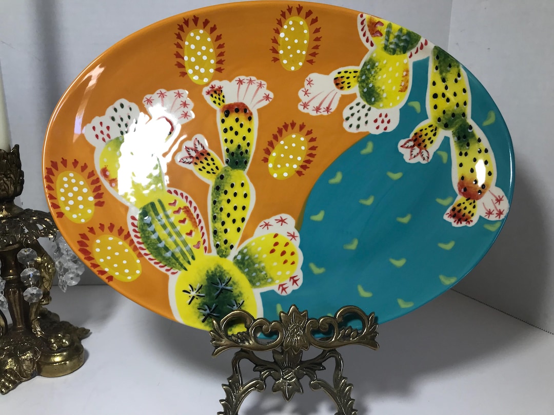 Vintage Whimsical Ceramic Cactus Platter, Cactus Colorful Ceramic Oval ...