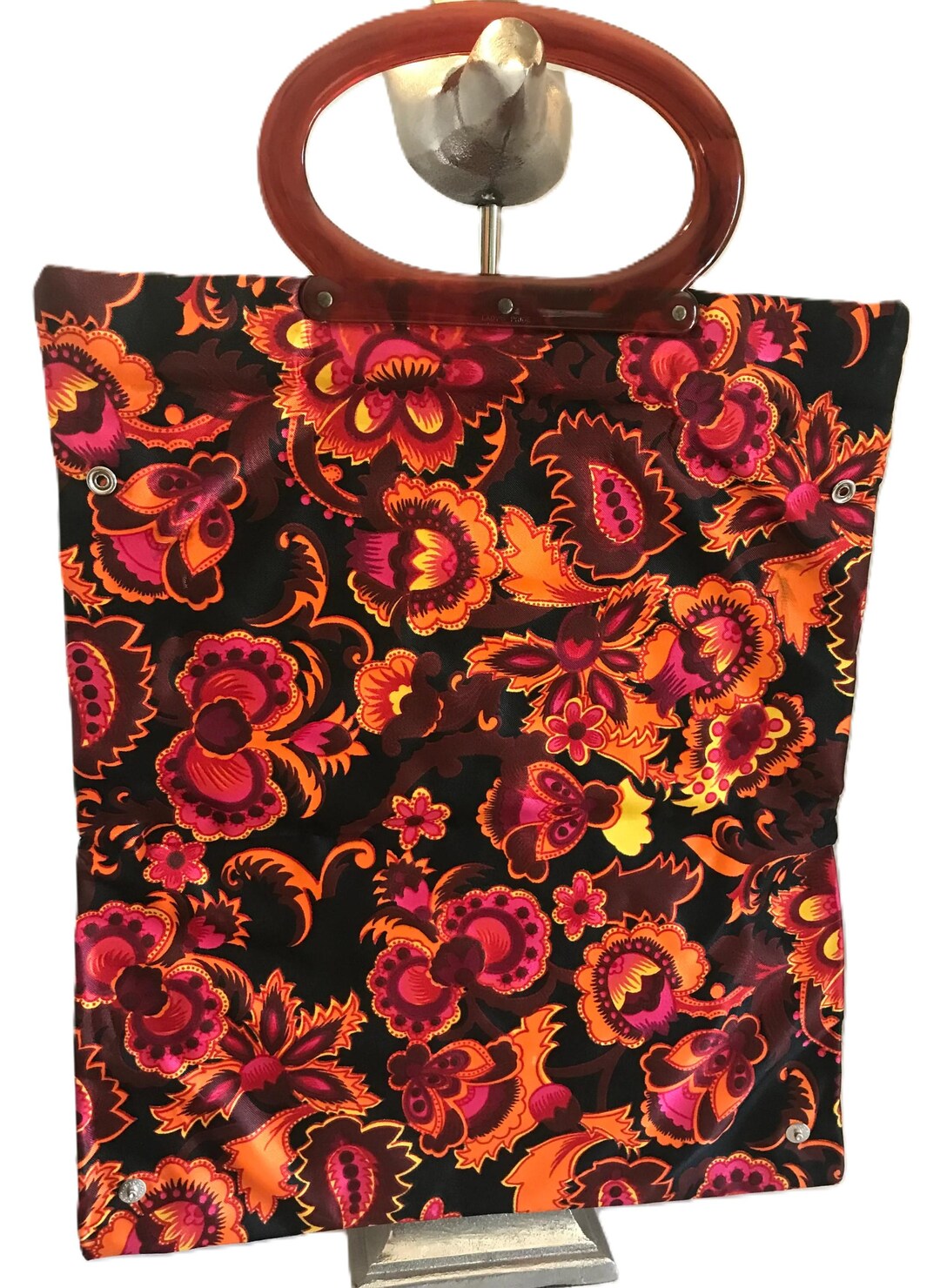 Vintage Ladies Pride Bold Floral Satin Look Tote/purse With Brown ...