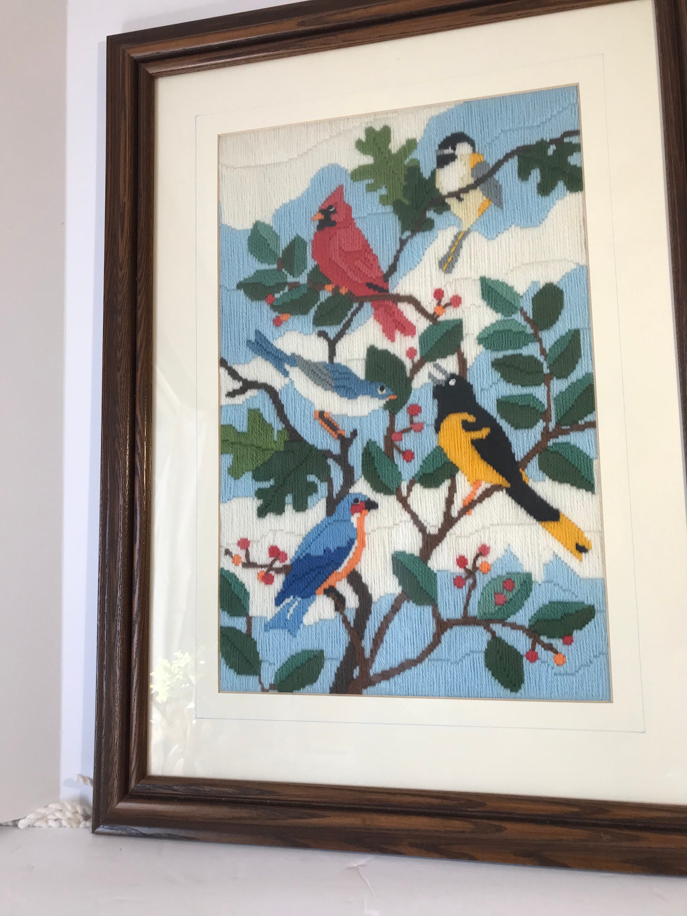 Vintage Crewel Art Four Birds on a Branch, Vintage Framed Bird Floral 3 ...