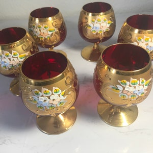 Vintage Czech Bohemian Red Goblets Raised Enamel, Bohemian Red Brandy ...