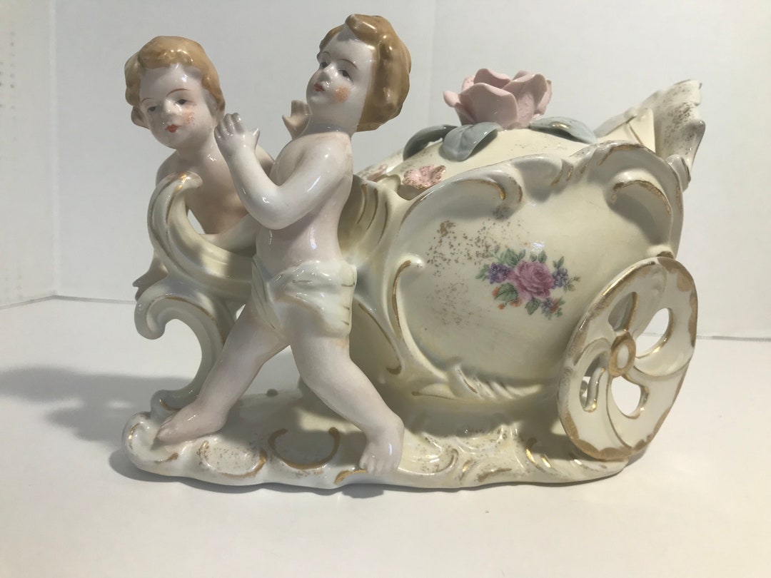 Vintage Ceramic Porcelain Floral Cherub Candy Dish Trinket Dish With ...