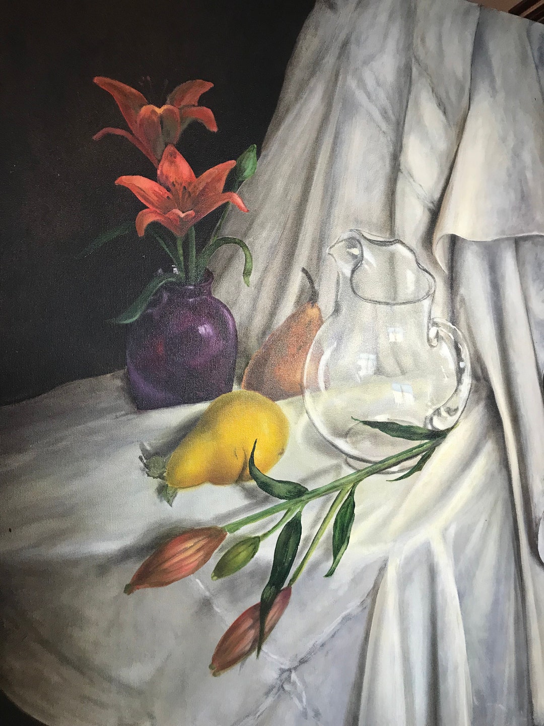 Large Original Still Life Painting – Signed 36"x24" Moody Floral ...