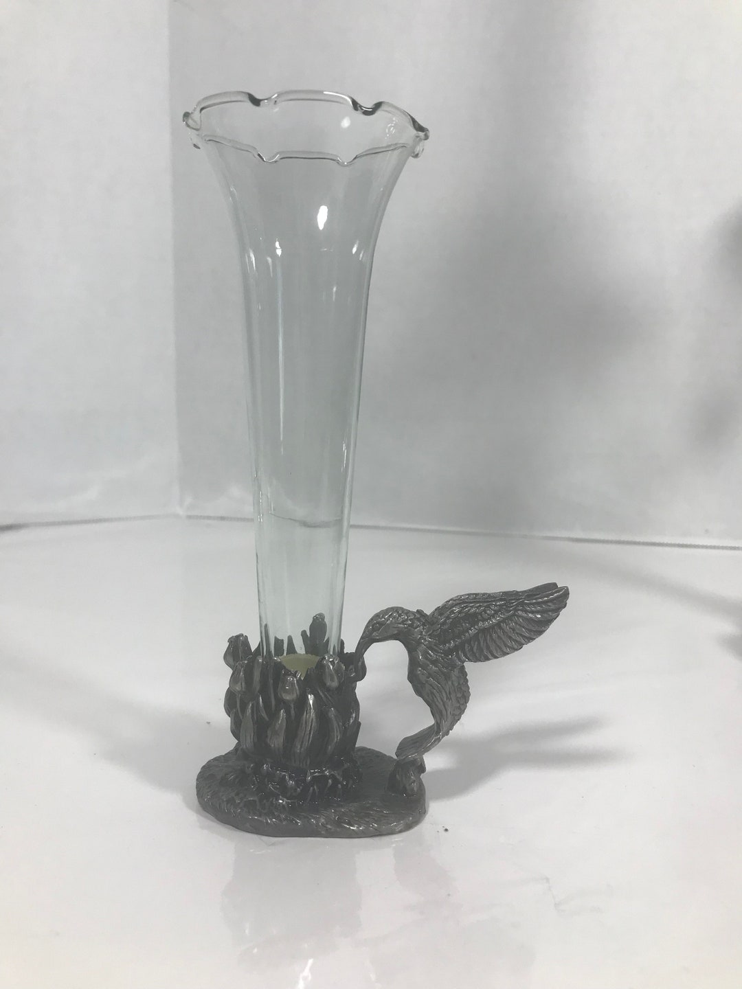 Vintage Hummingbird Bud Vase, Vintage Pewter and Glass Hummingbird Vase ...