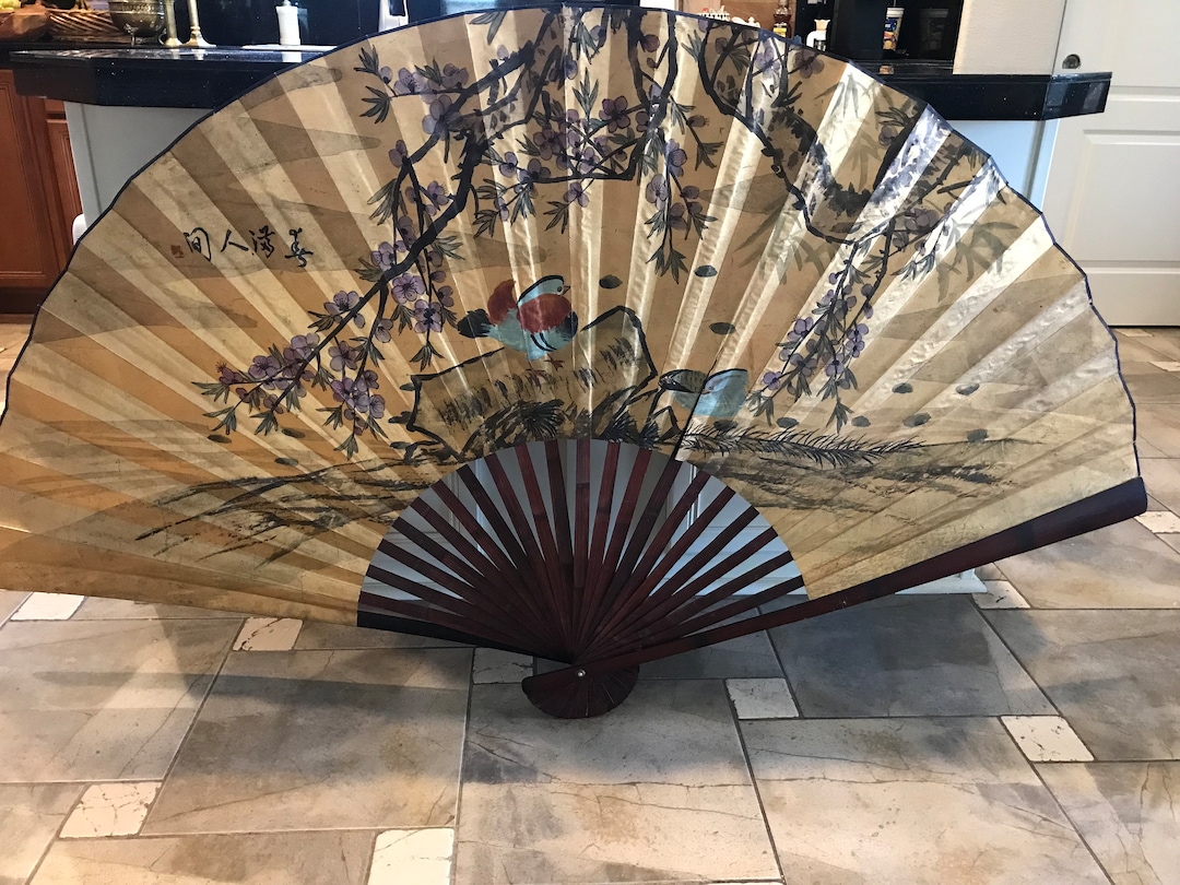 Vintage Handpainted Gold Wood and Paper Fan, Signed, Large Vintage ...