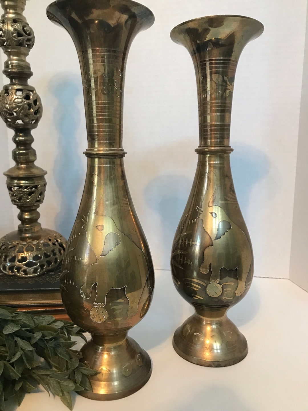 Vintage Tall Brass Engraved Vase, Vintage 13" Brass Fluted Vase, Brass ...