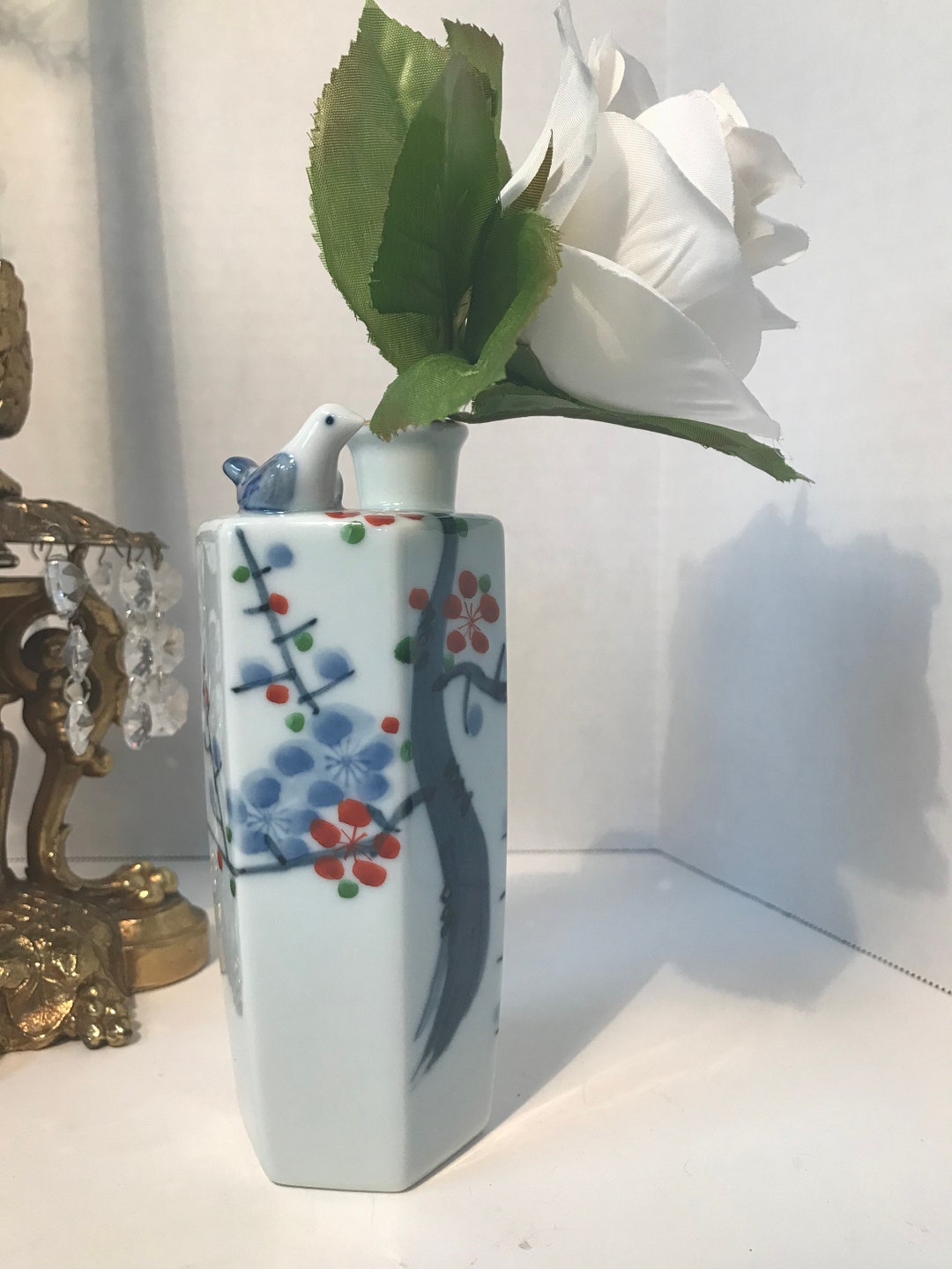 Vintage Japanese Ceramic White Vase, Hand Painted Bird Vase, Vintage ...