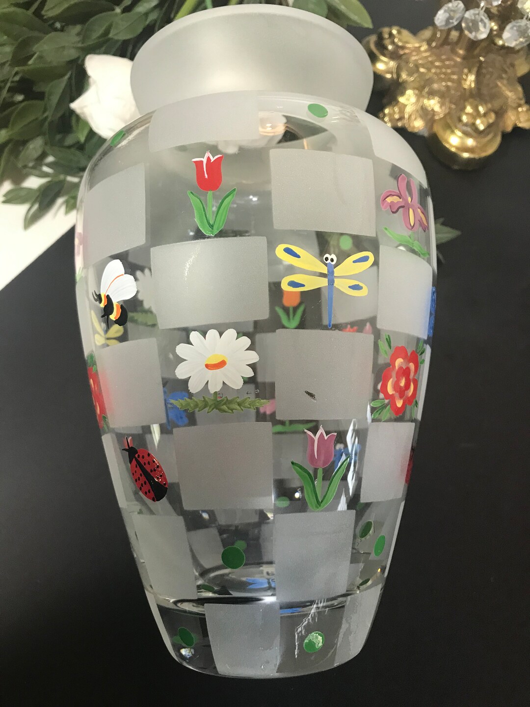 Vintage Hand Painted Glass Vase, Checkerboard Pattern Clear and Frosted ...
