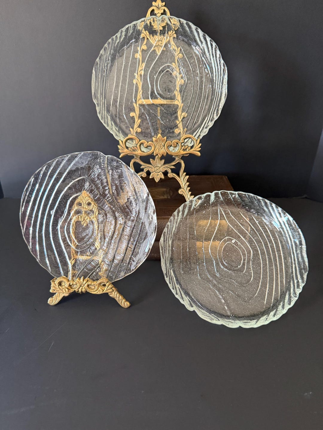 Vintage Textured Glass Plates, Faux Bois Wood Grain Glass Plate Set ...
