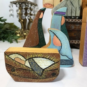 Vintage Wood Block Nativity Set, Vtg Hand Painted Block Style Nativity ...