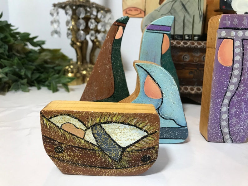 Vintage Wood Block Nativity Set, Vtg Hand Painted Block Style Nativity ...